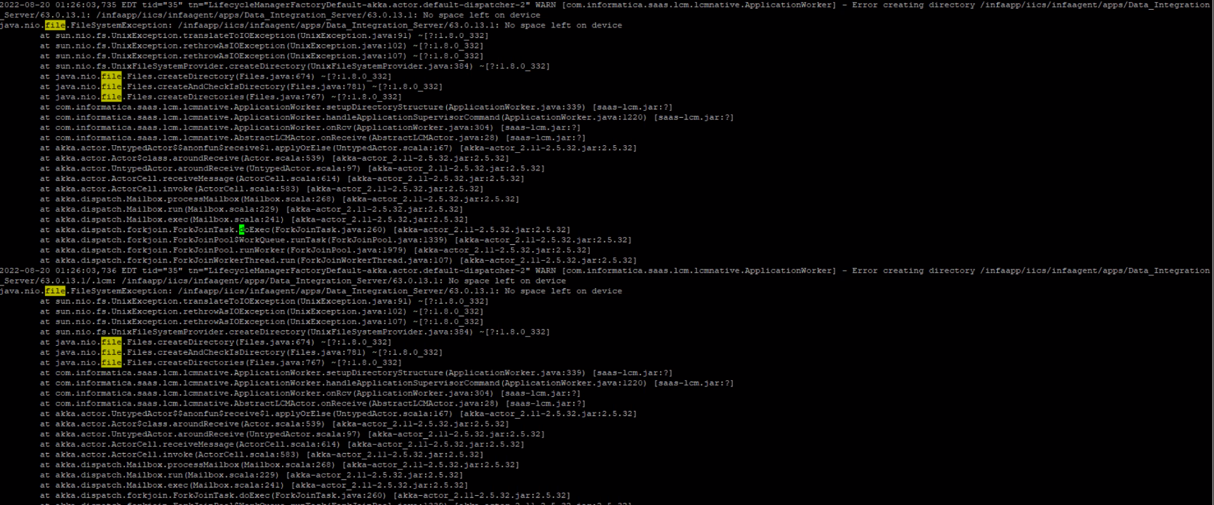 Error No Space Left On Device While Secure Agent Services Startup Fails In Linux In Cdi