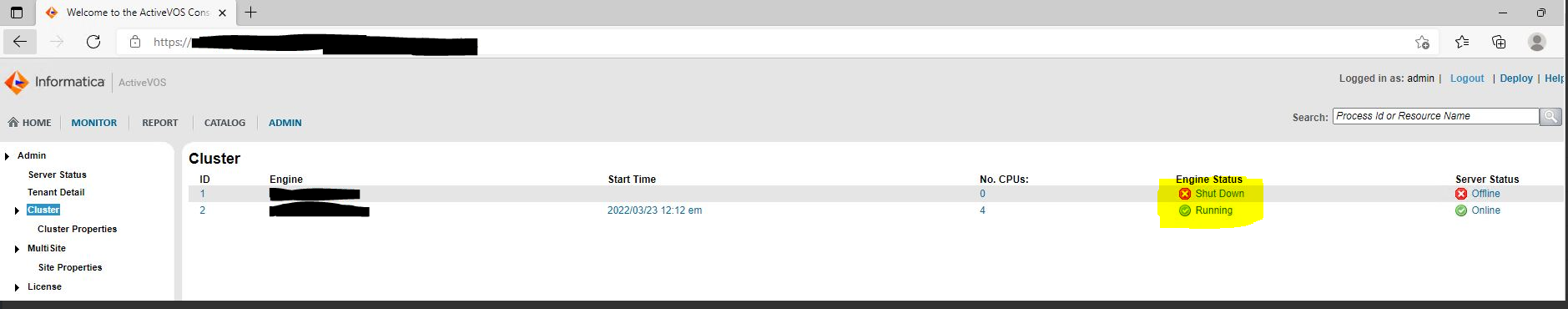 ActiveVOS Cluster engine/server status is shown incorrect