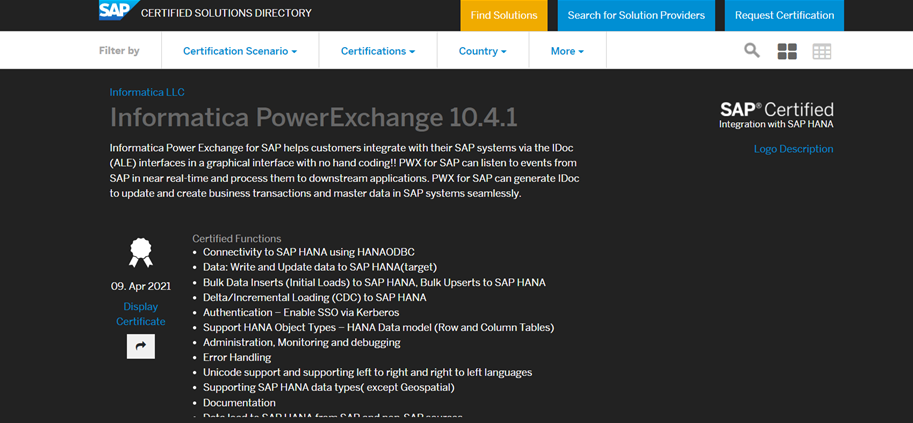FAQ: Is Informatica PowerExchange for SAP Transports certified by SAP?