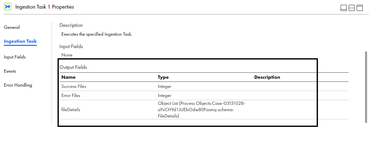 The output fields for the mass ingestion task in the taskflow are ...