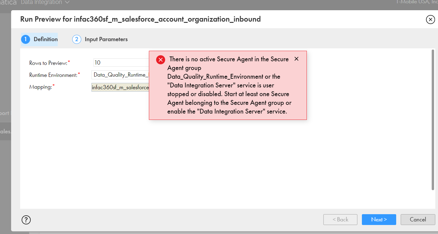 Getting error "There is no active Secure Agent Group" while running Preview for Verifier