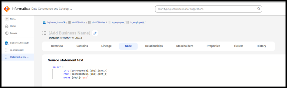Building the Lineage for SQL Server Stored Procedure which insert data across Database in CDGC