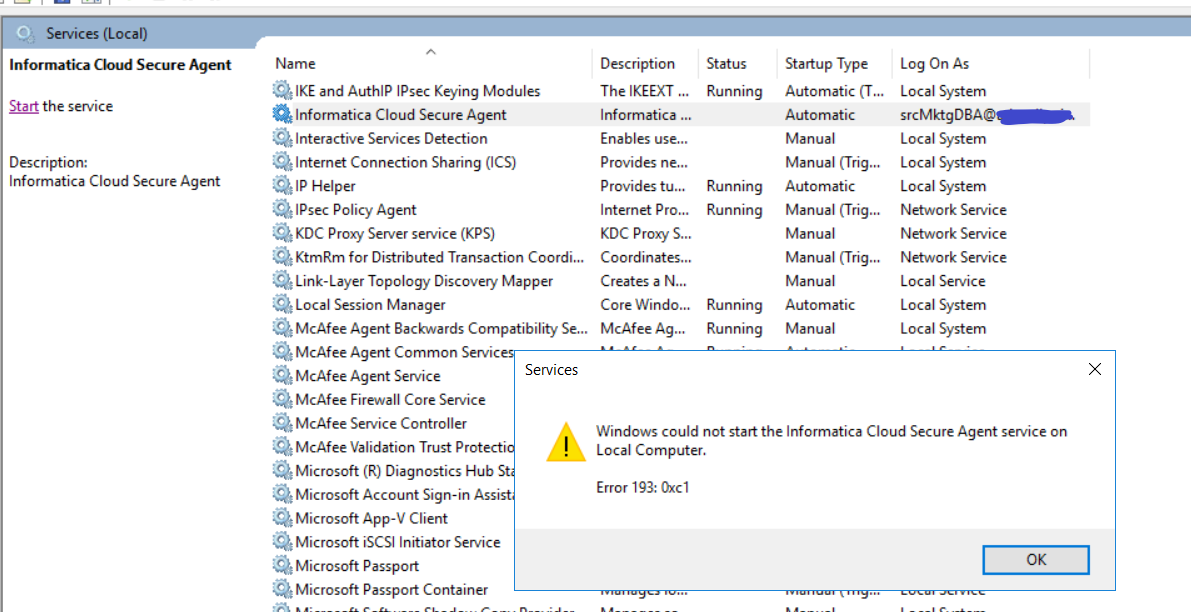 "Window could not start the Informatica Cloud Secure Agent service on ...