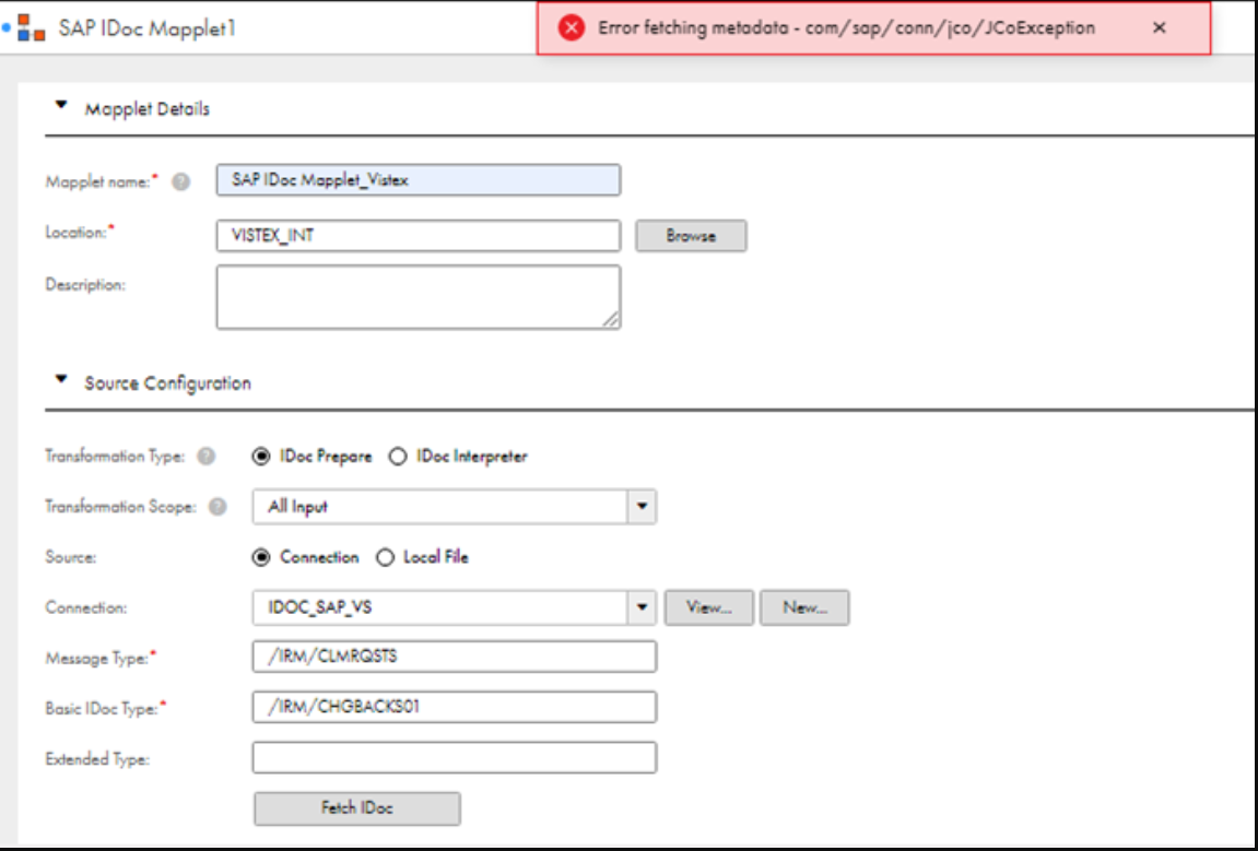 Error Error Fetching Metadata Comsapconnjcojcoexception While Creating Idoc Mapplet