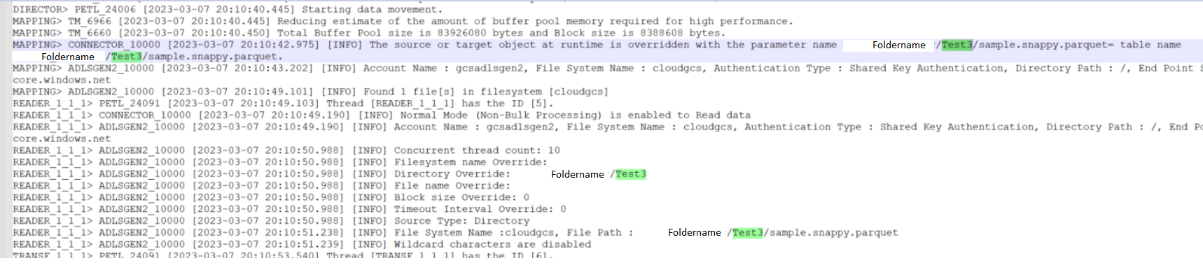 Parameter file values are not picked when parameterizing the ADLS Gen2 source "Directory ...