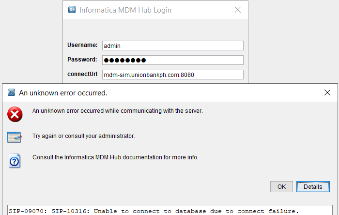 ERROR: "SIP-09070: SIP-10316: Unable to connect to database due to connect failure" while ...