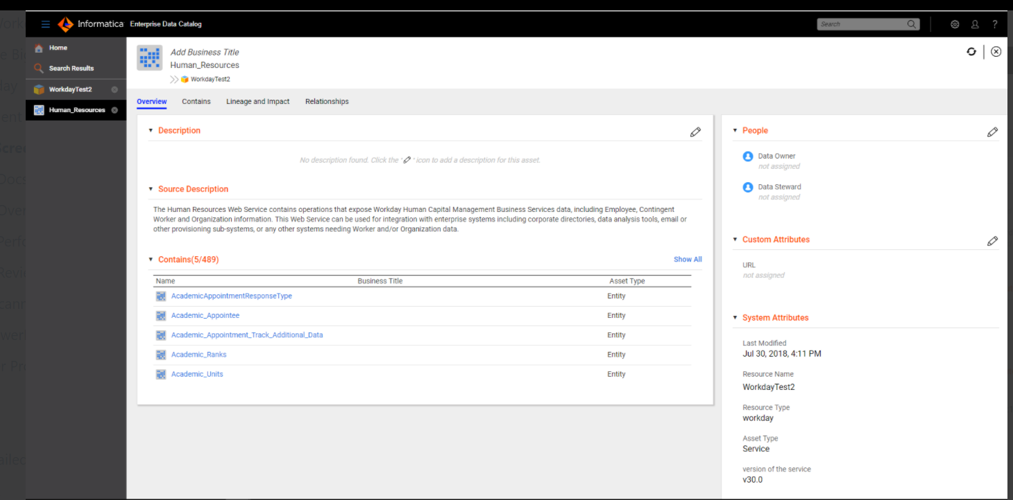 Configuring Workday resource in Enterprise Data Catalog