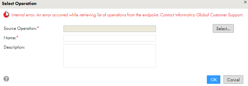 "Internal error. An error occurred while retrieving list of operations from the endpoint ...