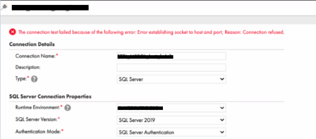 ERROR: SQL Server test connection fails with "Error establishing socket ...