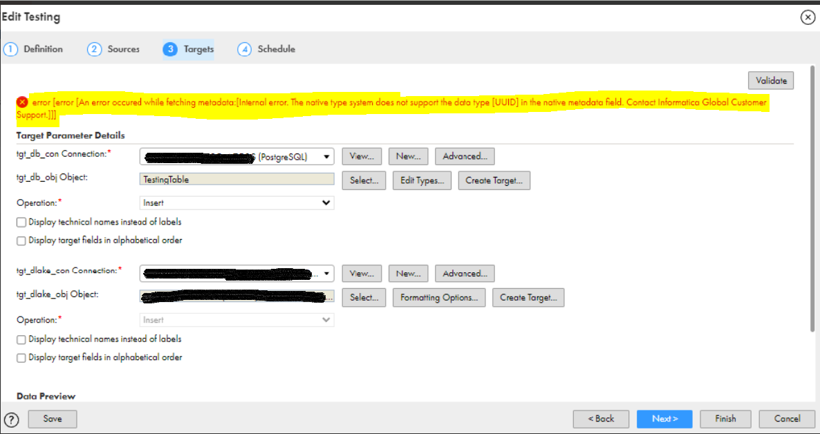 ERROR:"[error [An error occured while fetching metadata:[Internal error ...