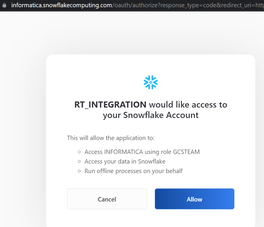 Configuring OAuth 2.0 authorization code authentication for Snowflake connection in CDI