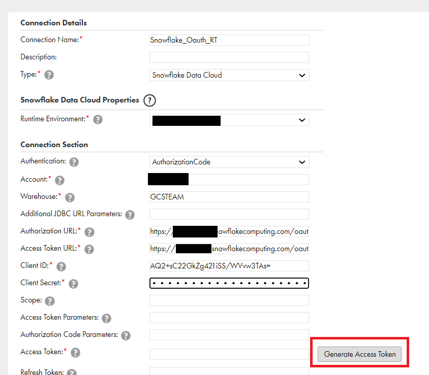 Configuring OAuth 2.0 authorization code authentication for Snowflake connection in CDI