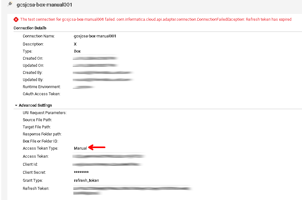 Box connection with Manual configuration, specifying Refresh Token ...