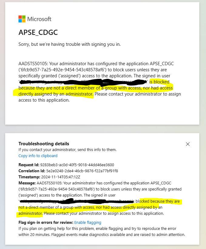 "Error AADSTS50105 - The signed in user is not assigned to a role for ...
